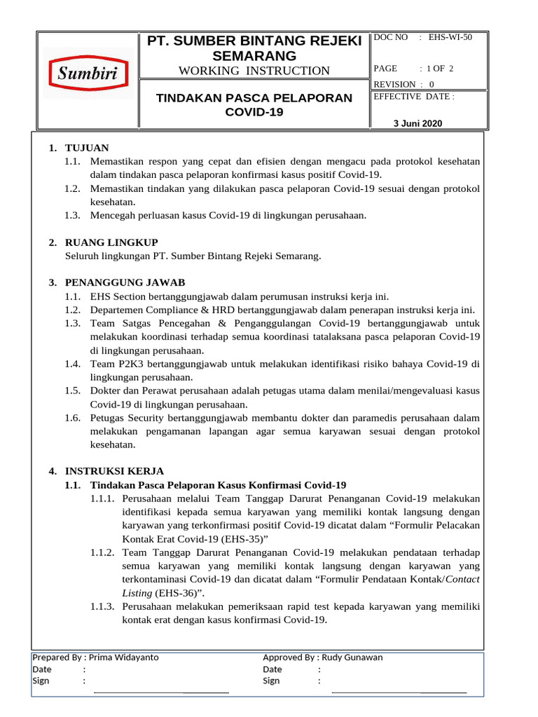EHS-WI-50 Tindakan Pasca Pelaporan COVID-19 (Indonesia) | PDF