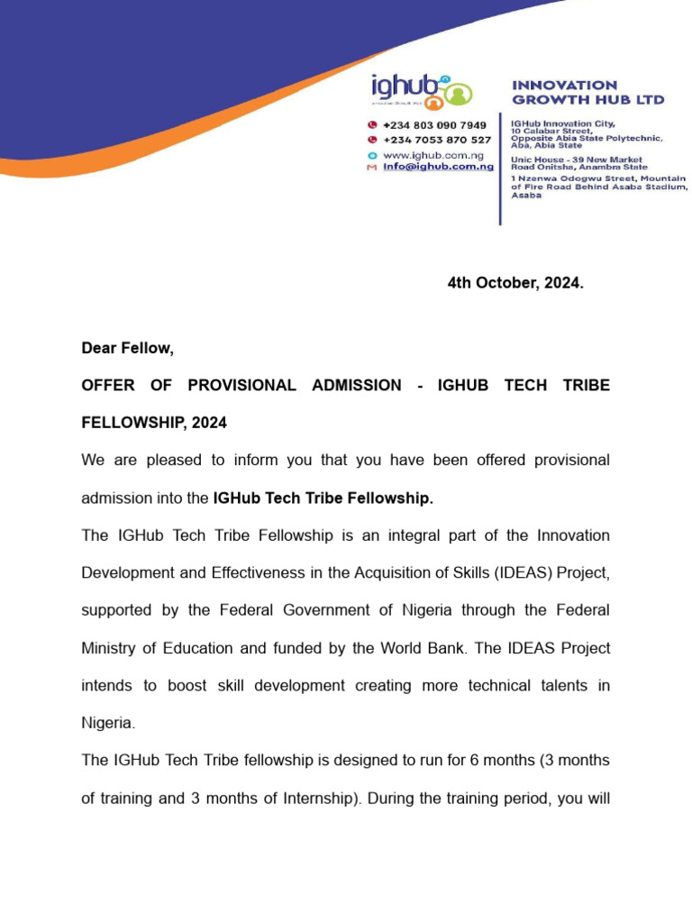 IGHUB Tech Tribe Fellowship Offer of Provisional Admission | PDF | Business