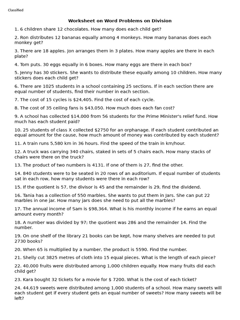 Worksheet On Word Problems On Division | PDF | Division (Mathematics)