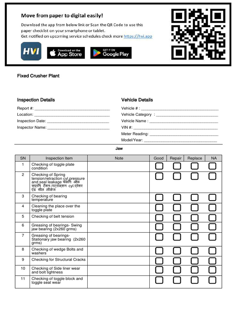Crusher Plant Inspection Checklist | PDF | Bearing (Mechanical) | Belt ...