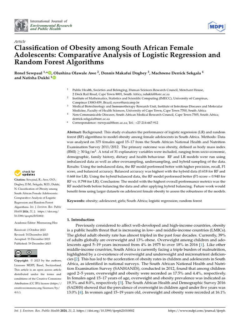 Classification of Obesity Among South African Female Adolescents Comparative Analysis of ...