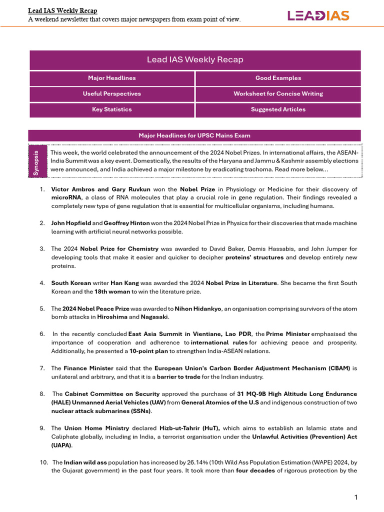 Lead IAS Weekly Recap - October 2nd Week | PDF | Agriculture | Biodiversity
