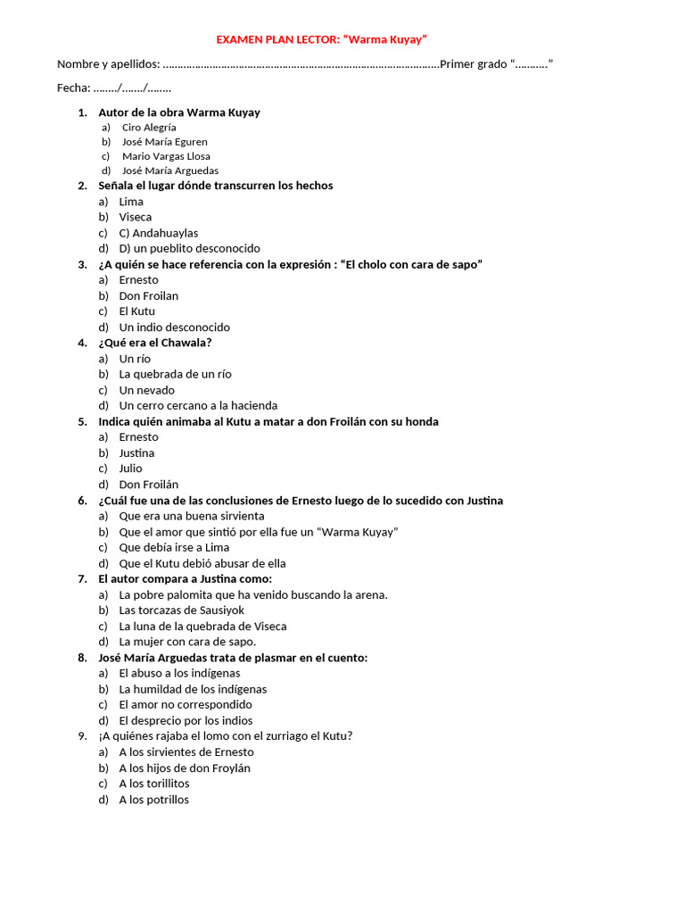 EXAMEN PLAN LECTOR | PDF