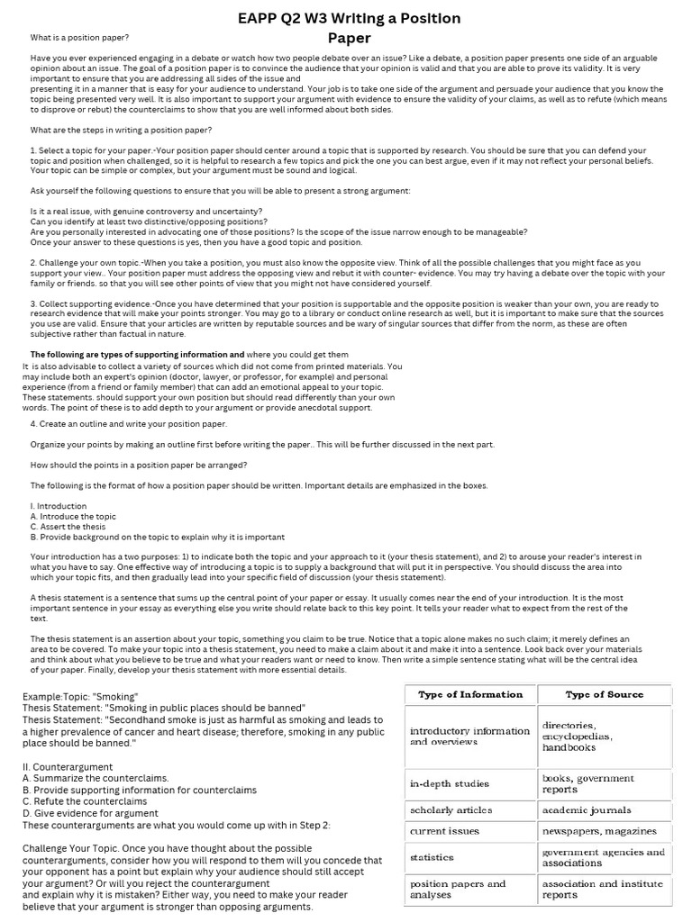 EAPP Q2 W3 Writing A Position Paper | PDF | Communication | Conversation