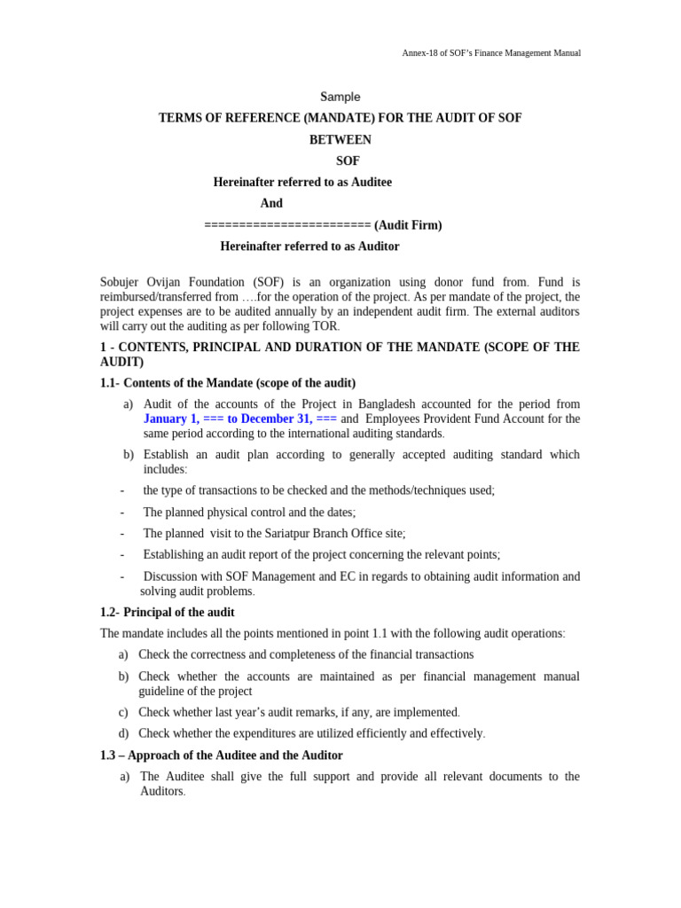 Annex-18 Sample ToR of External Audit | PDF | Auditor's Report | Audit