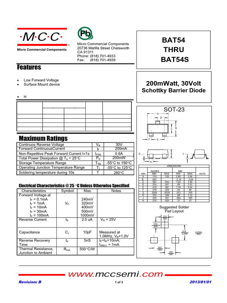 Bat54, Bat54a, Bat54c, Bat54s | PDF | Power Electronics | Semiconductors