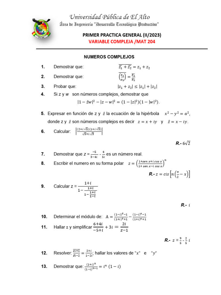 Practica 1 Variable Compleja II-2023 | PDF | Número complejo | Aritmética