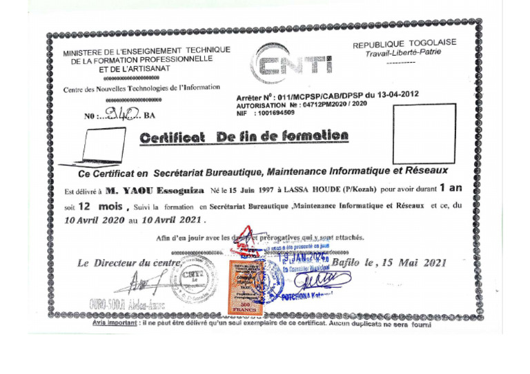 Attestation de Formation en Informatique | PDF