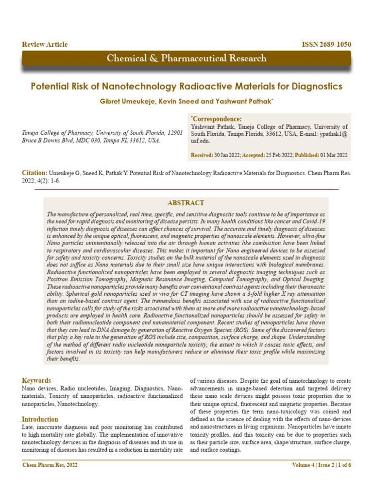 Potential Risk of Nanotechnology Radioactive Materials For Diagnostics ...