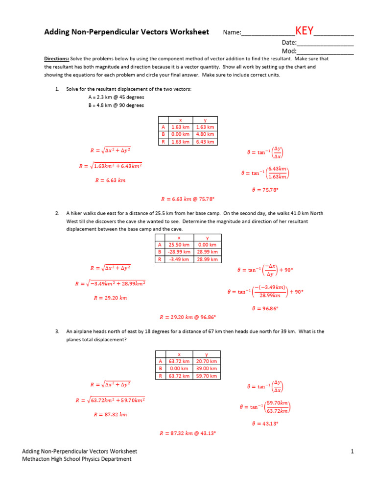 Adding Non-Perpendicular Vectors Worksheet | PDF | Euclidean Vector | Velocity