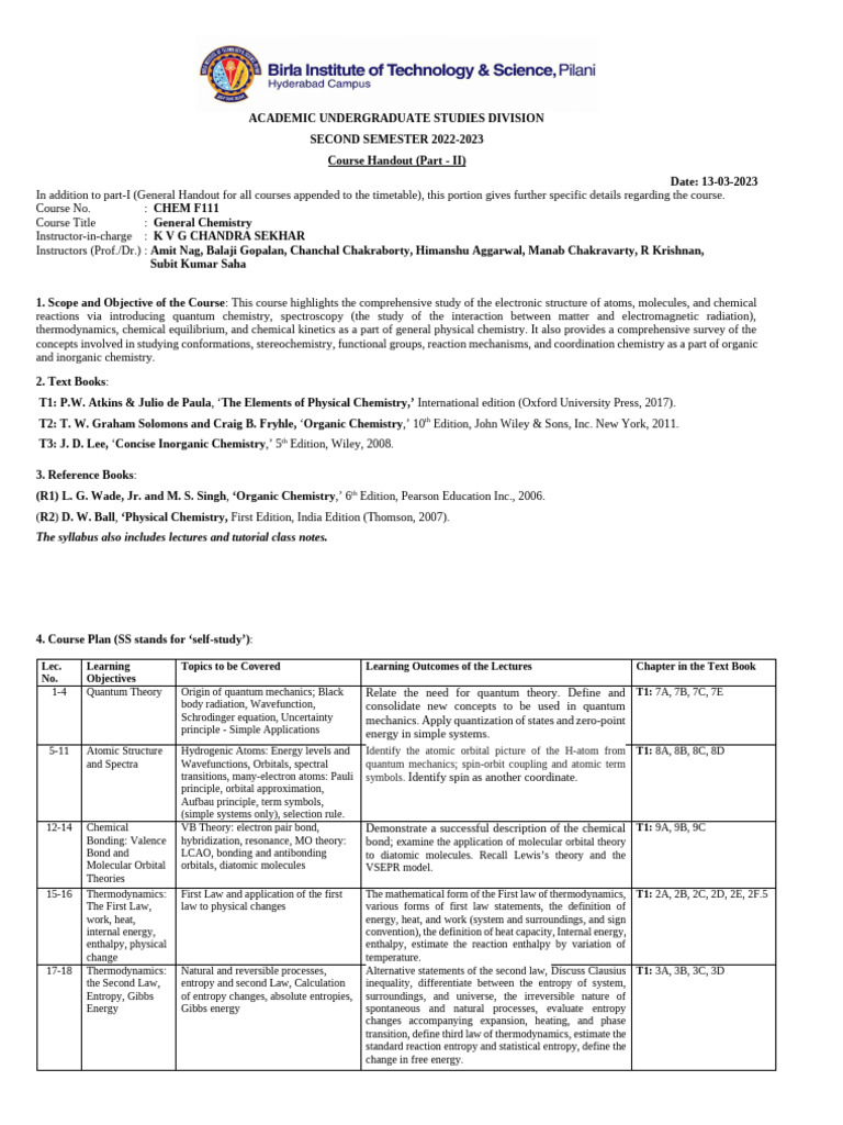 Chem f111 General Chemistry - Handout | PDF | Reaction Rate | Entropy