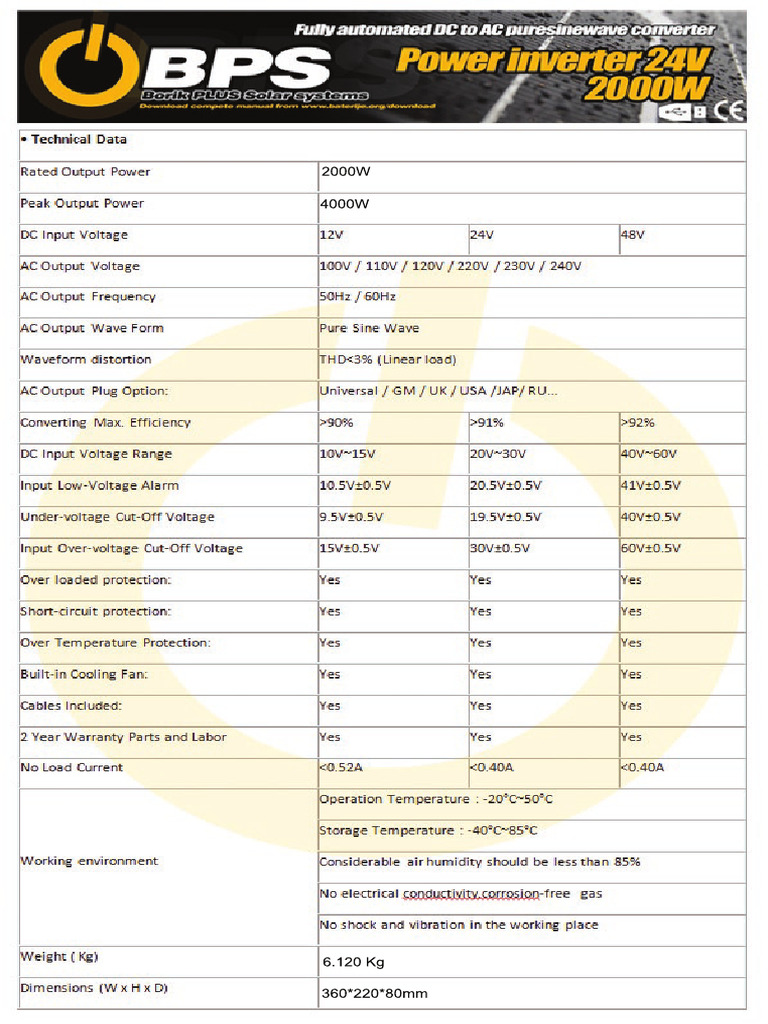 Data Sheet BPS 2000W Puresine Inverter | PDF