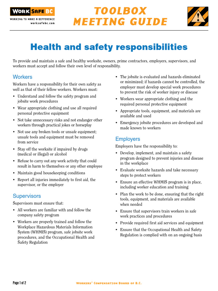 TBM Guide - Health Safety Responsibilities | PDF | Occupational Safety And Health | Personal ...