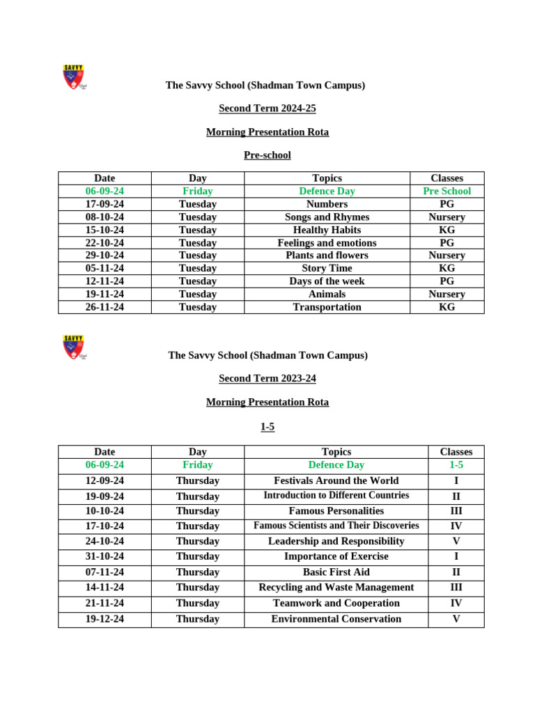 Morning Presentation Rota (Sep-Dec. 2nd Term) 2024-25 | PDF | Human ...
