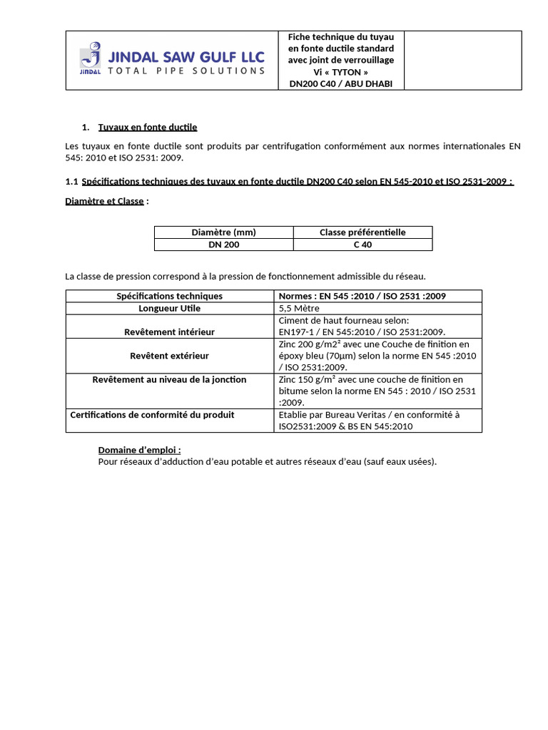FICHE TECHNIQUE TUBE DN200 EPOXY Verrouillé | PDF | Tuyau | Ciment
