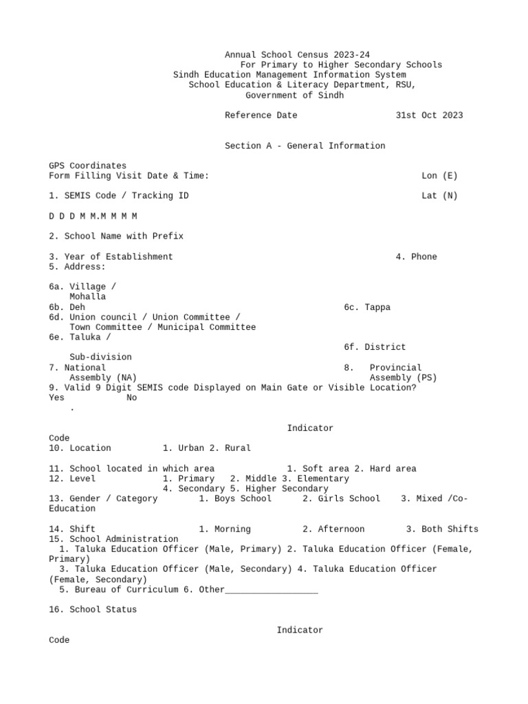 Proforma For Annual Schools Census 2023 24v7 | PDF