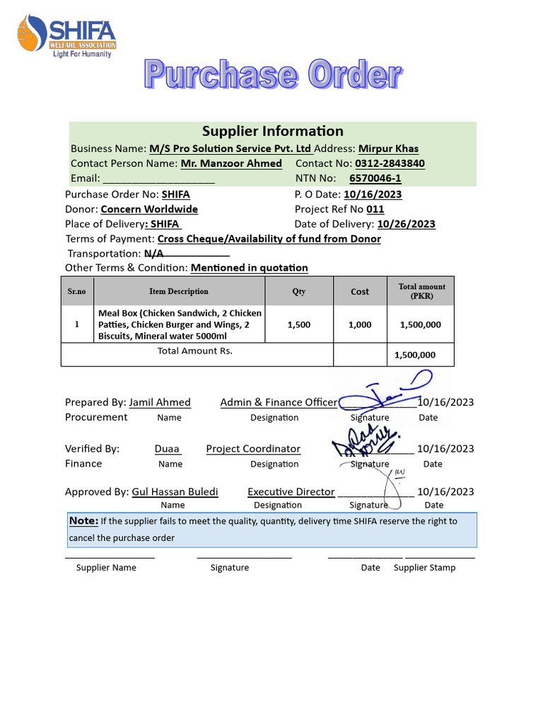 purchase order for Pro Solution | PDF