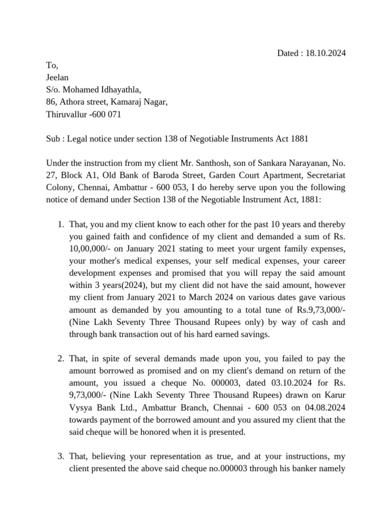 Legal Notice for Cheque Bounce Claim | PDF | Cheque | Banks