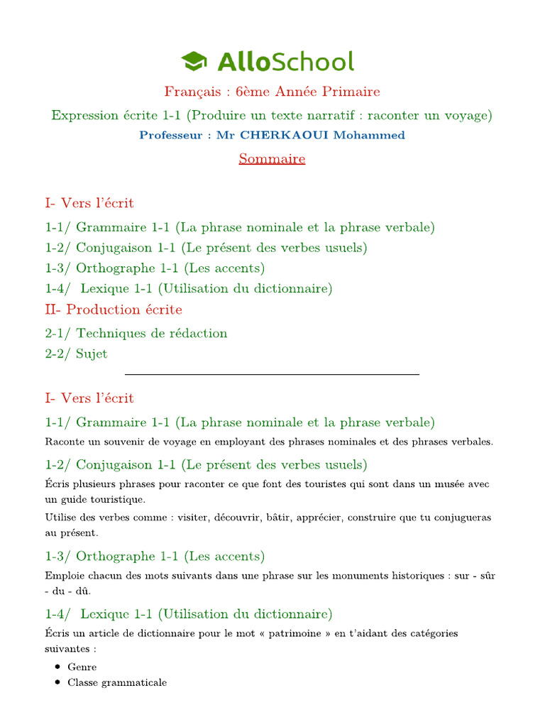Expression Ecrite 1 1 Produire Un Texte Narratif Raconter Un Voyage 2 | PDF