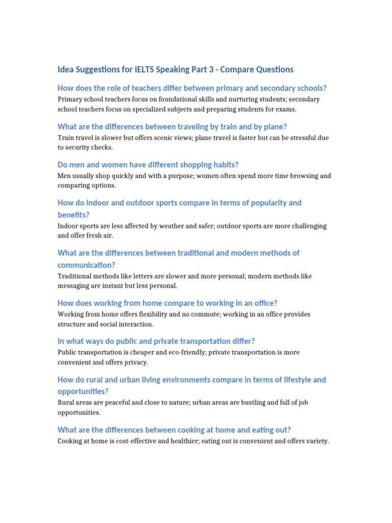 IELTS Speaking Part 3: Compare Questions | PDF | Cuisine | European Cuisine