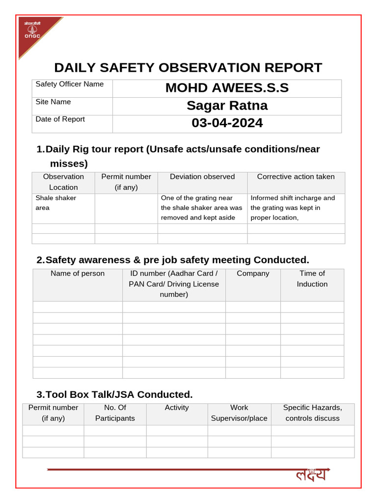 Daily Safety Observation Report 03-04-2024 | PDF