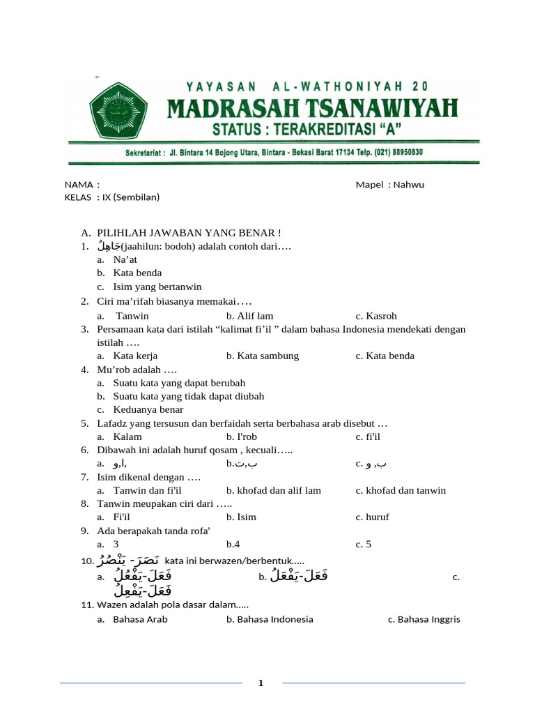 Soal Nahwu KLS 9 AM | PDF | Seni & Disiplin Bahasa