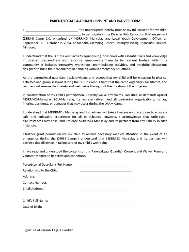 DRRM Camp Parent Consent | PDF | Consent | Legal Guardian