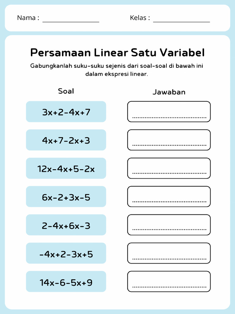 Persamaan Linear Satu Variabel Lembar Kerja Biru Simpel | PDF