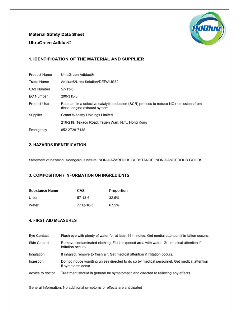 UltraGreen Adblue MSDS - Version 2 - 20190919 | PDF | Personal Protective Equipment | Toxicity