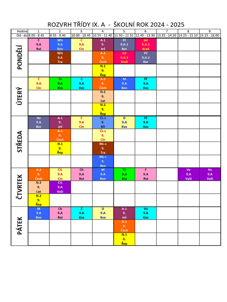 Rozvrh 9 A 2024 2025 | PDF