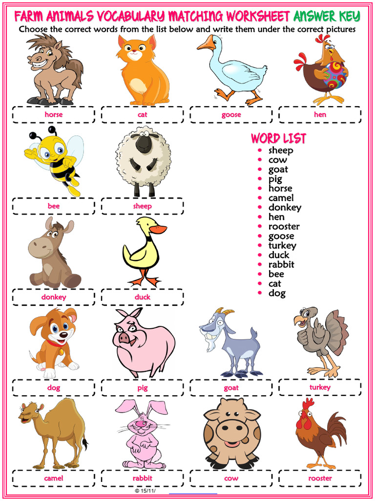 Farm Animals Vocabulary Esl Matching Exercise Worksheet For Kids-Pages ...