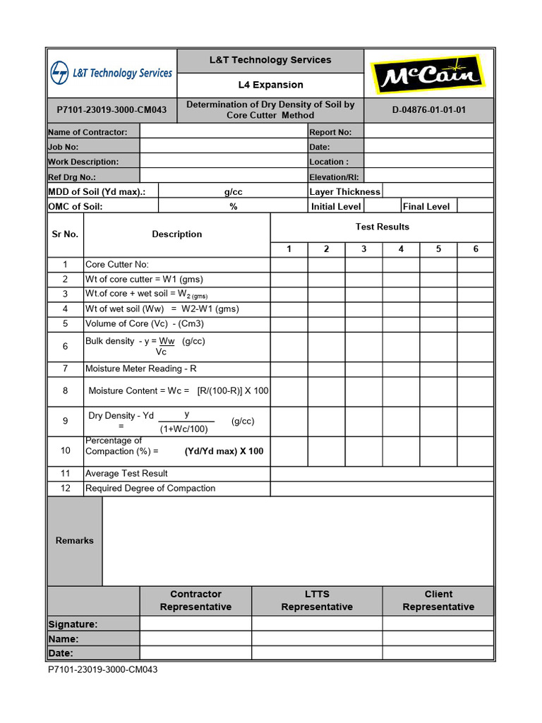 Determination of Dry Density of Soil by Core Cutter Method | PDF
