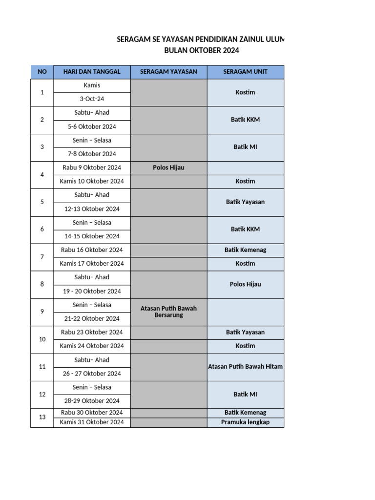 Seragam Guru Formal YPZU Oktober 2024 | PDF