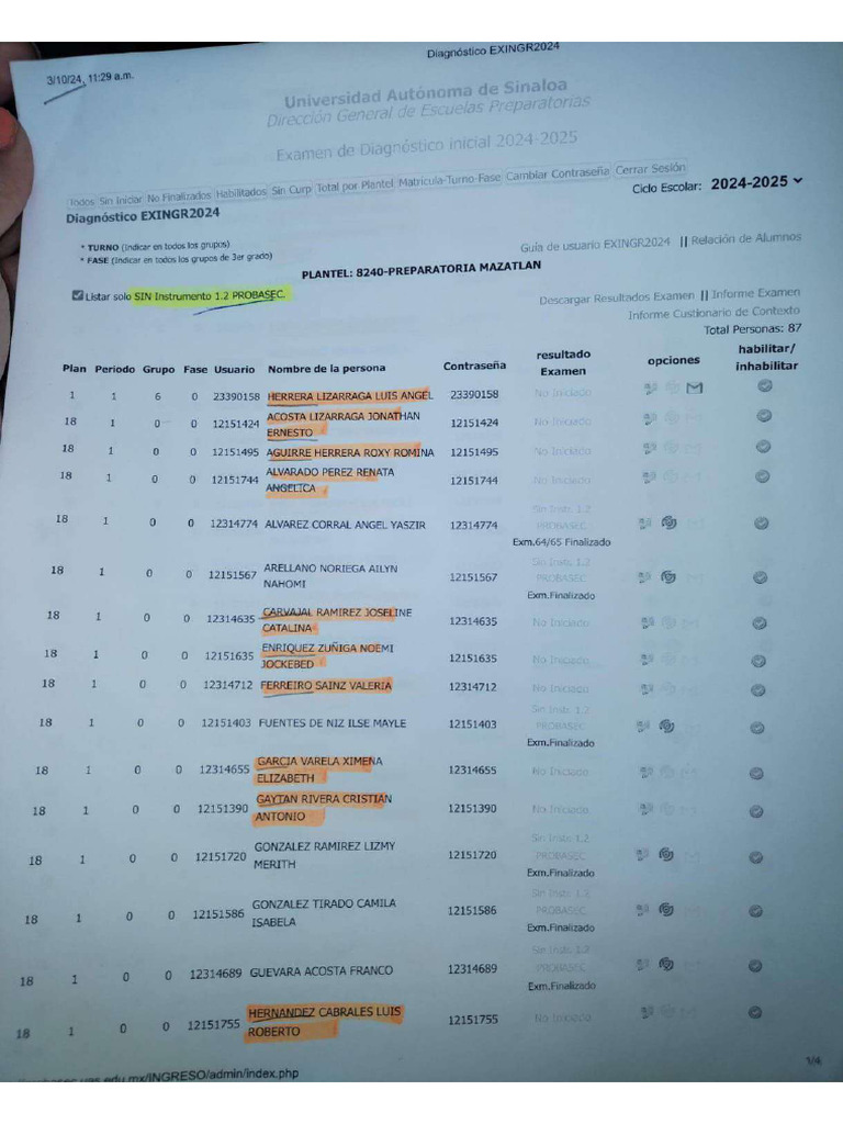 Lista de Alumnos de Primer Año Que No Han Realizado Intrumento 1.2 Probasec | PDF