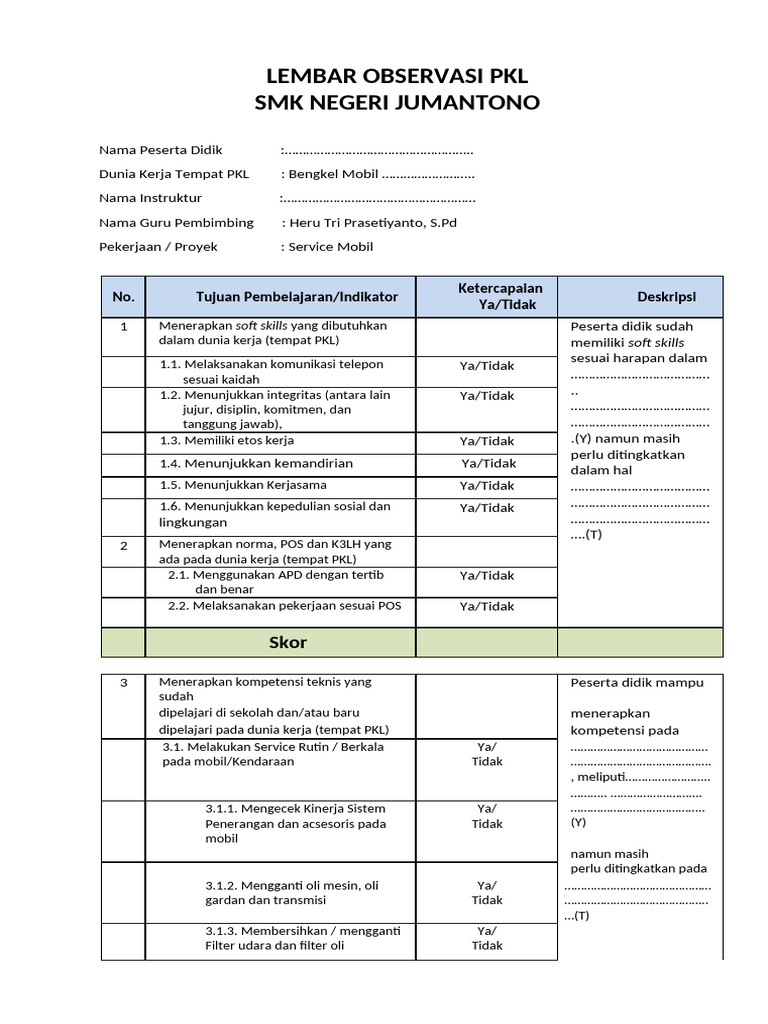 Lembar Observasi PKL 2024 | PDF | Komputer
