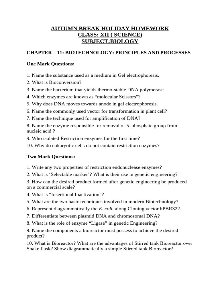 Xii Autumn Break Holiday Homework Biology | PDF | Molecular Cloning ...