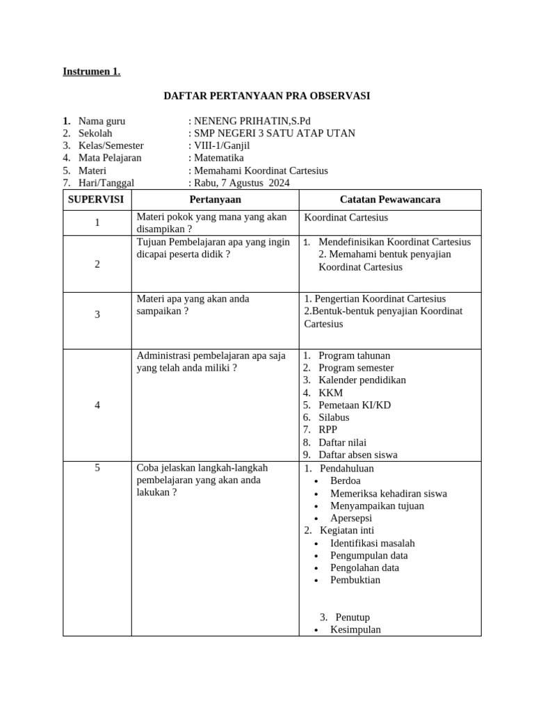 Instrumen Pra Observasi | PDF