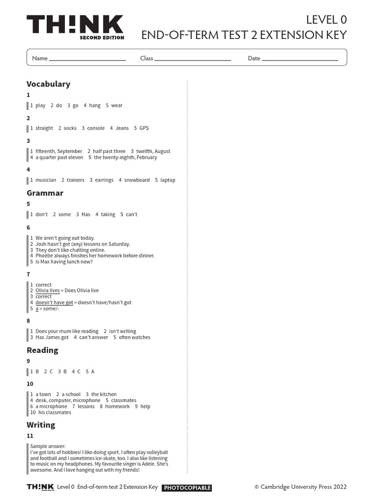 Thk2e BrE L0 End of Term Test Extension Answer Key 2 | PDF