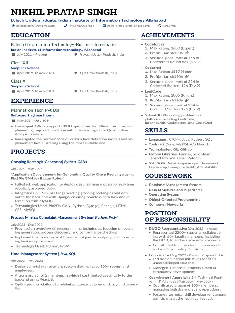Nikhil Pratap Singh: B.Tech Profile & Achievements | PDF | My Sql | Computing