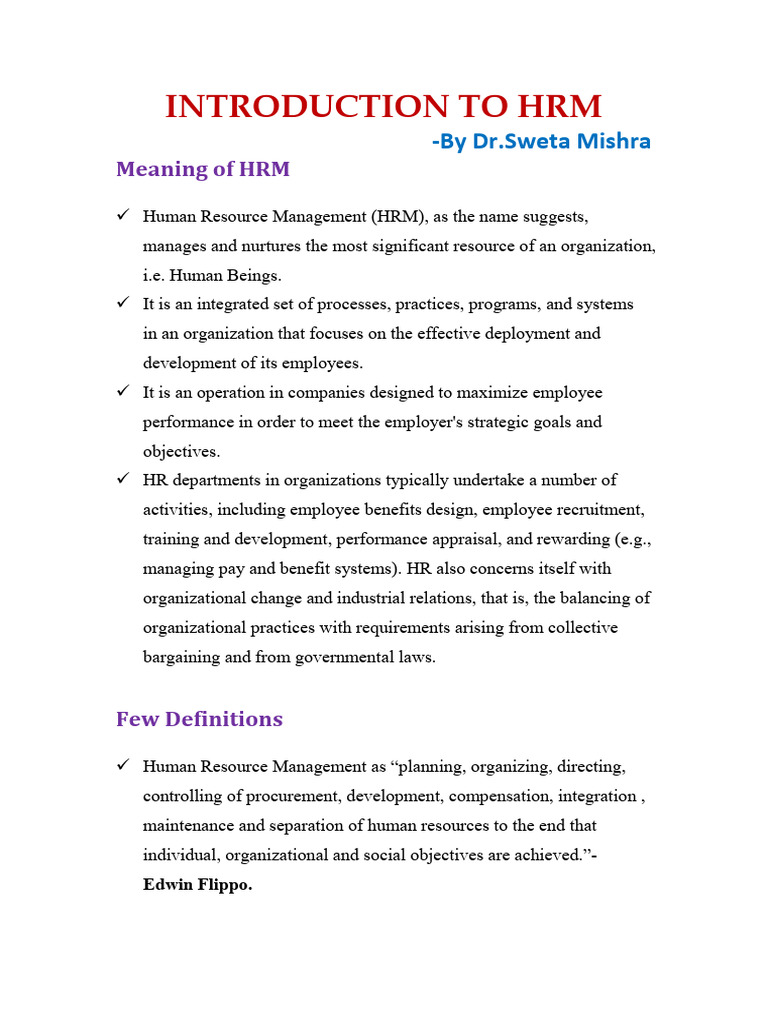 INTRODUCTION TO HRM | PDF | Human Resources | Human Resource Management