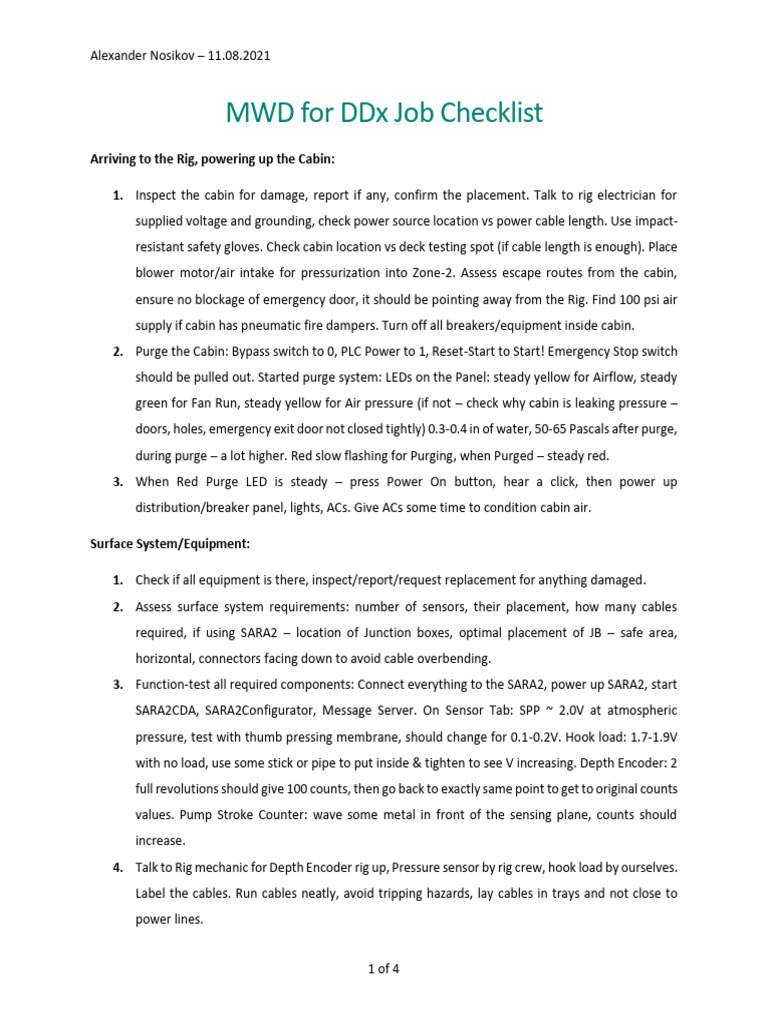MWD For DDX Job Checklist: Arriving To The Rig, Powering Up The Cabin ...