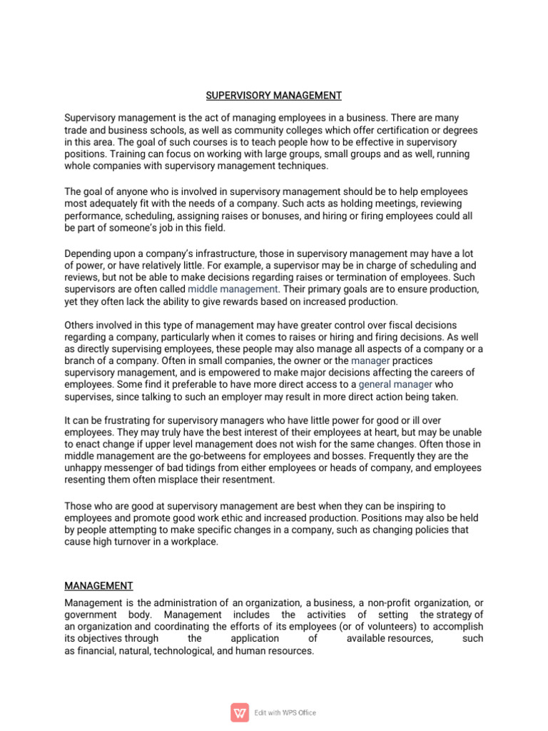 Lecture Notes Supervisory Management | PDF