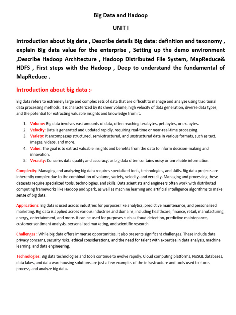 Big Data and Hadoop Self Notes | PDF | Apache Hadoop | Big Data