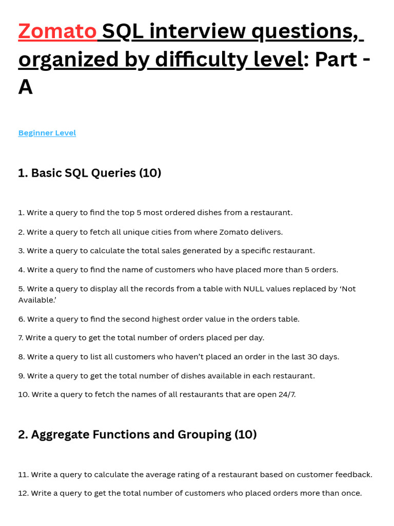 SQL Interview Prep for Zomato | PDF | Restaurants | Data Management