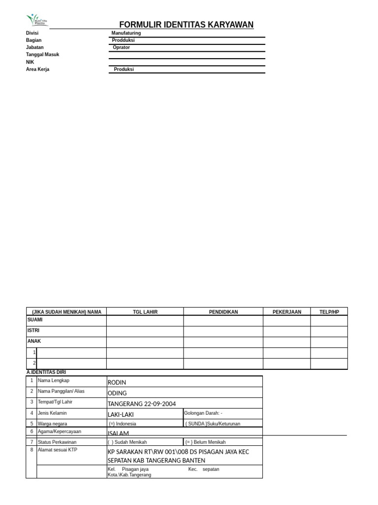 Form Identitas Karyawan - NVP | PDF