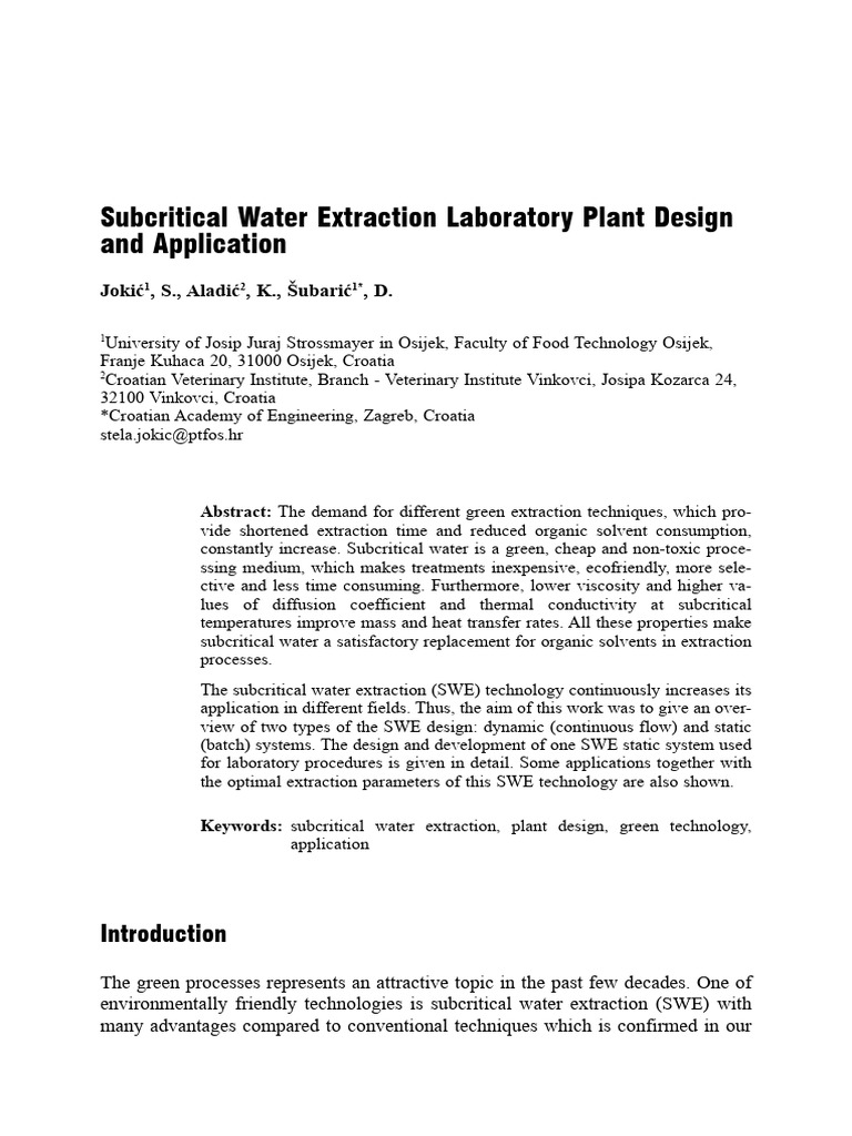 Subcritical Water Extraction Laboratory Plant Design and Application ...