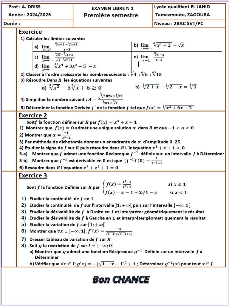 Examen libre 2BAC SVT/PC 2024 | PDF | Mathématiques | Objets mathématiques