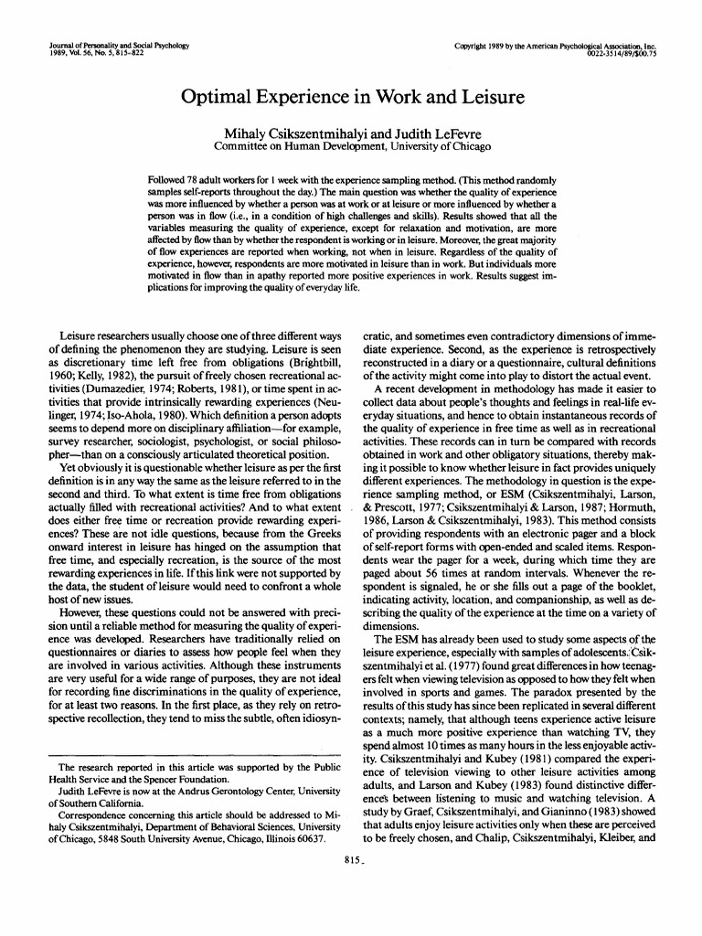 Optimal Experience in Work and | PDF | Flow (Psychology) | Psychology