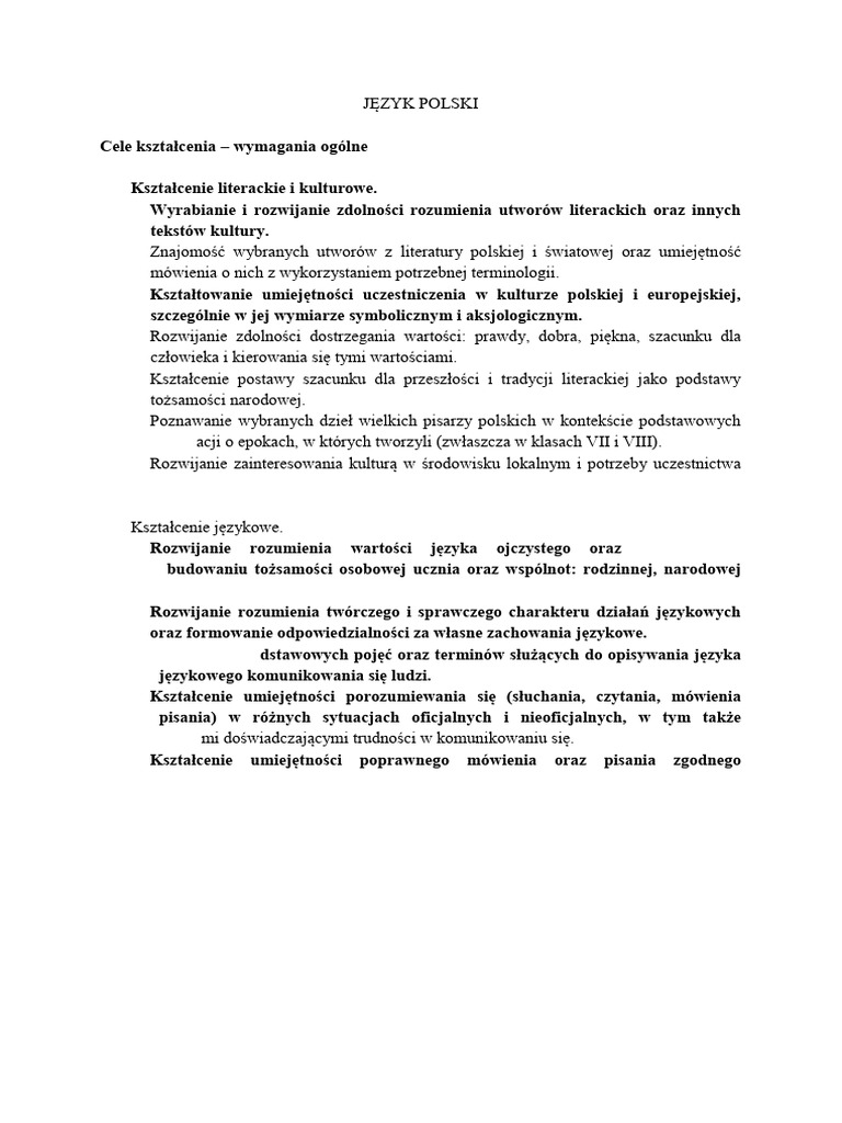 Nowa Podstawa Programowa Do Jezyka Polskiego Dla Klas 4 8 PDF | PDF