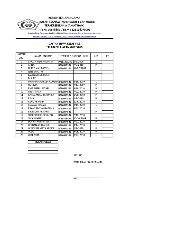 Data Siswa Baru 2022 Pdf